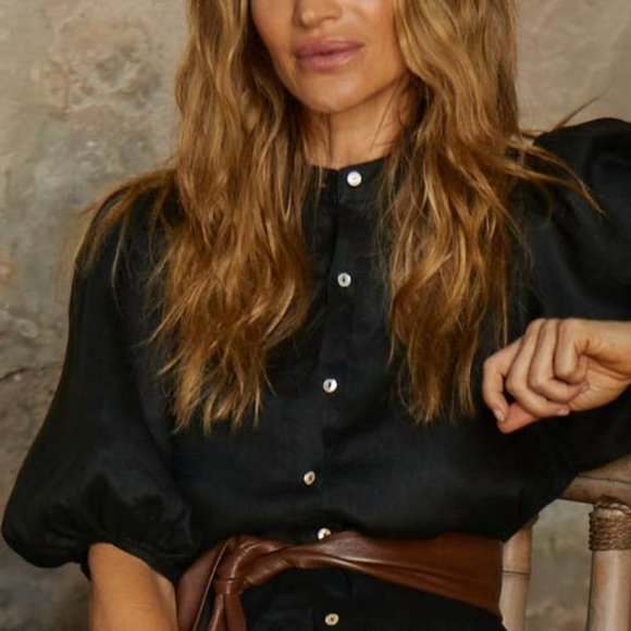 Lanhtropy | Tops | Cm264 Black Linen Button Up Balloon Sleeve Top B ...